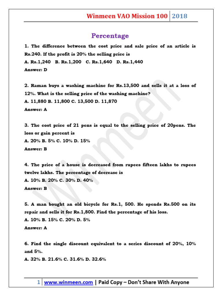 Percentage Sums Pdf Prices Cost