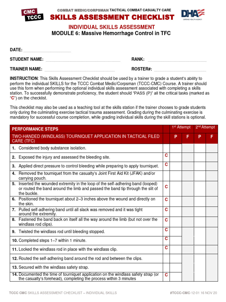 Skills Assessment Checklist: MODULE 6: Massive Hemorrhage Control in TFC | PDF | Bleeding