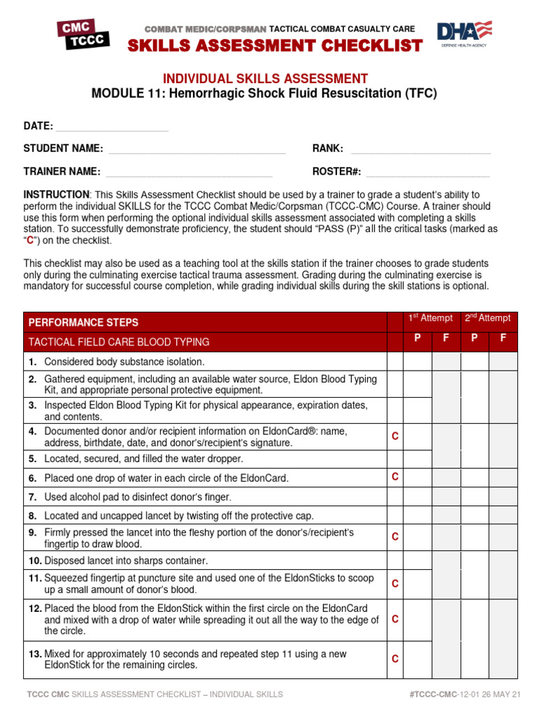 Skills Assessment Checklist: MODULE 11: Hemorrhagic Shock Fluid Resuscitation (TFC) | PDF ...