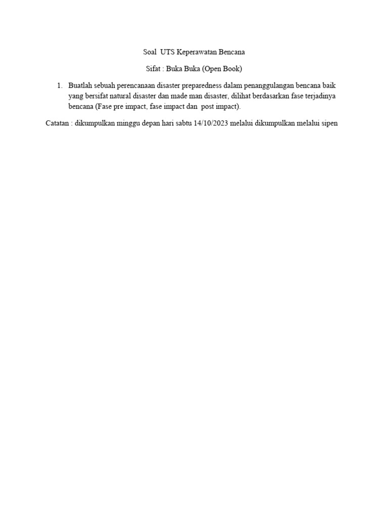 Soal UTS Manajemen Penanggulangan Bencana | PDF | Kesehatan Holistik | Sains & Matematika