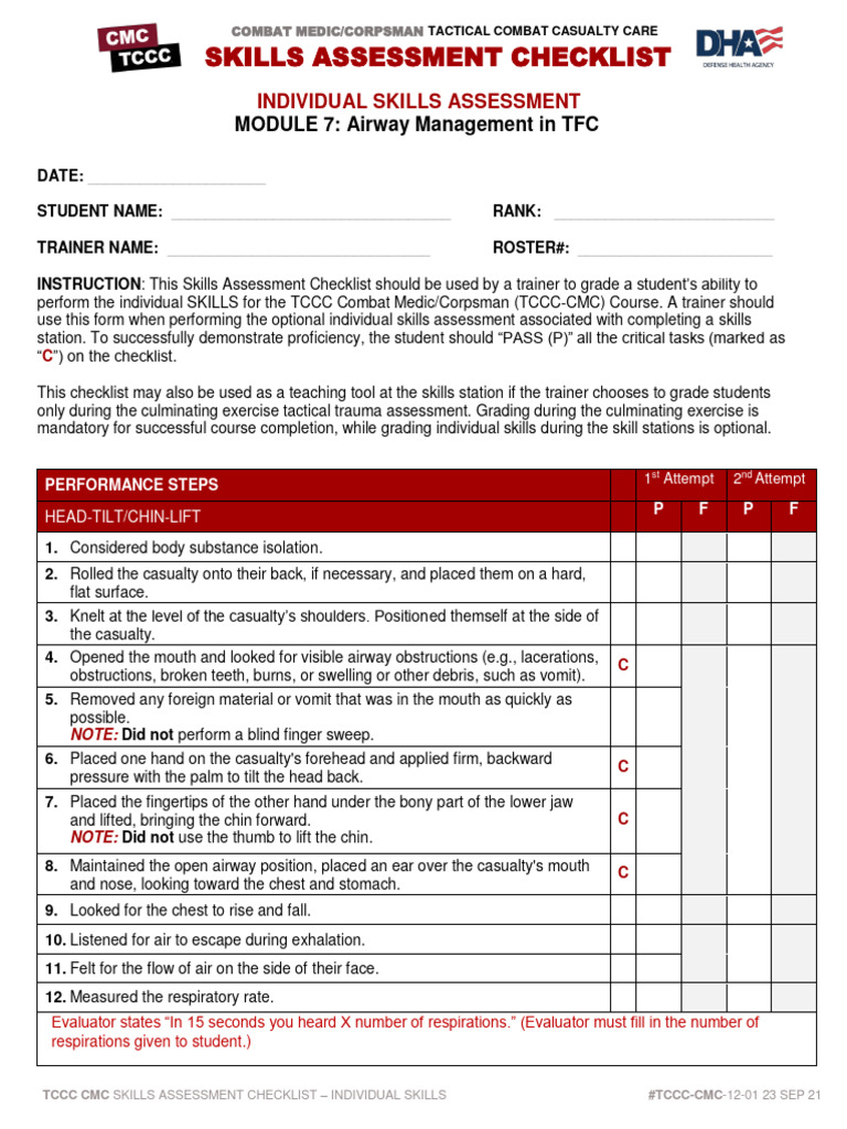 Skills Assessment Checklist: MODULE 7: Airway Management in TFC | PDF | Medical Specialties ...