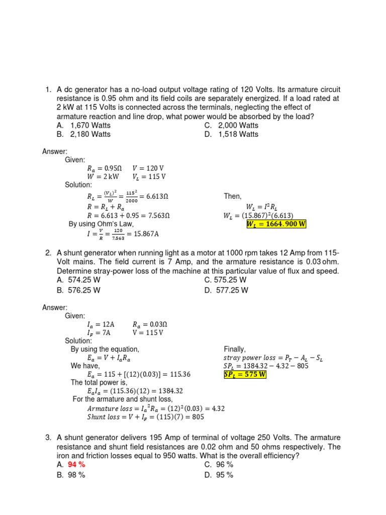 Electrical Machines Problem Set 2 PDF | PDF | Volt | Electric Generator