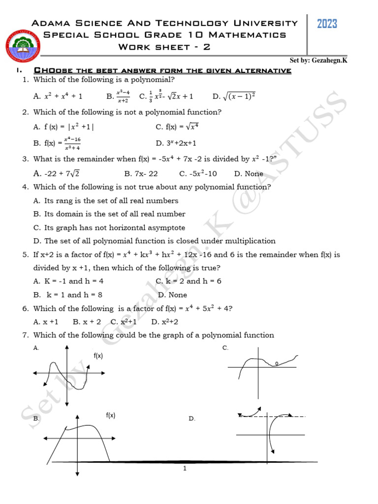 Grade 10 Work Sheet 2 | PDF | Polynomial | Function (Mathematics)