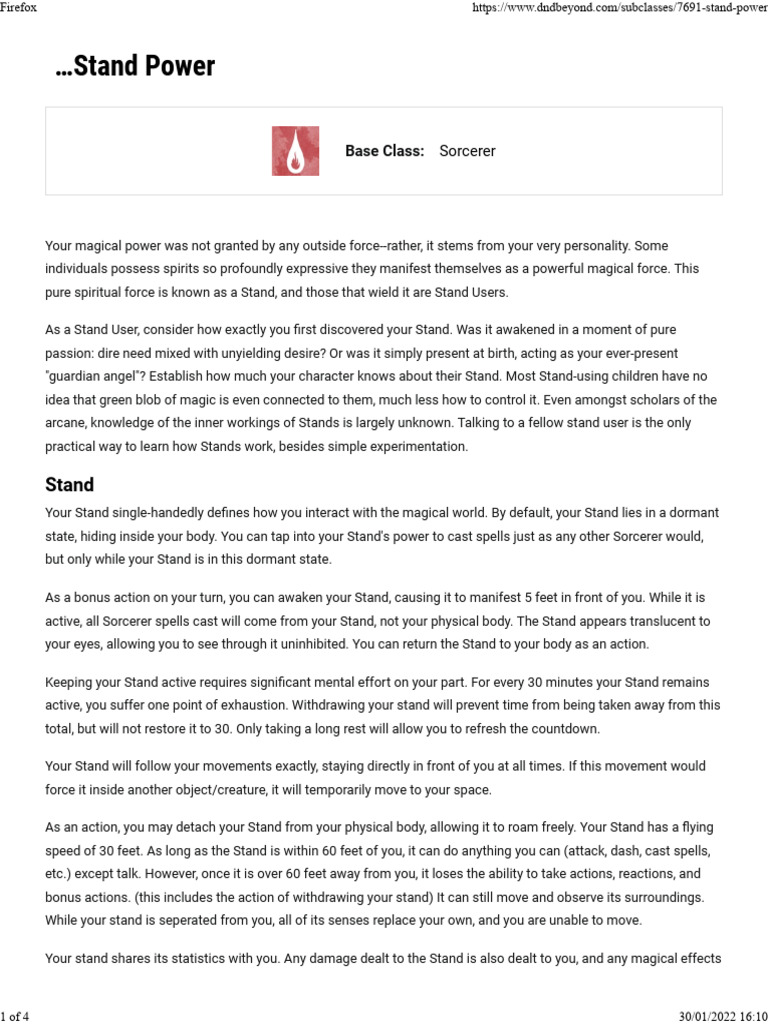 The Stand Power Class For Dungeons - Dragons (D - D) Fifth Edition (5e ...