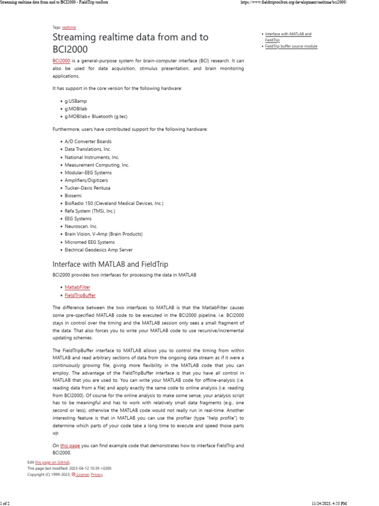 Streaming Realtime Data From And To Bci2000 Fieldtrip Toolbox Pdf Source Code Matlab 