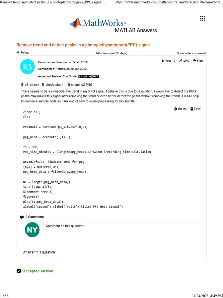 Remove Trend and Detect Peaks in A Photoplethysmogram (PPG) Signal - MATLAB Answers - MATLAB ...