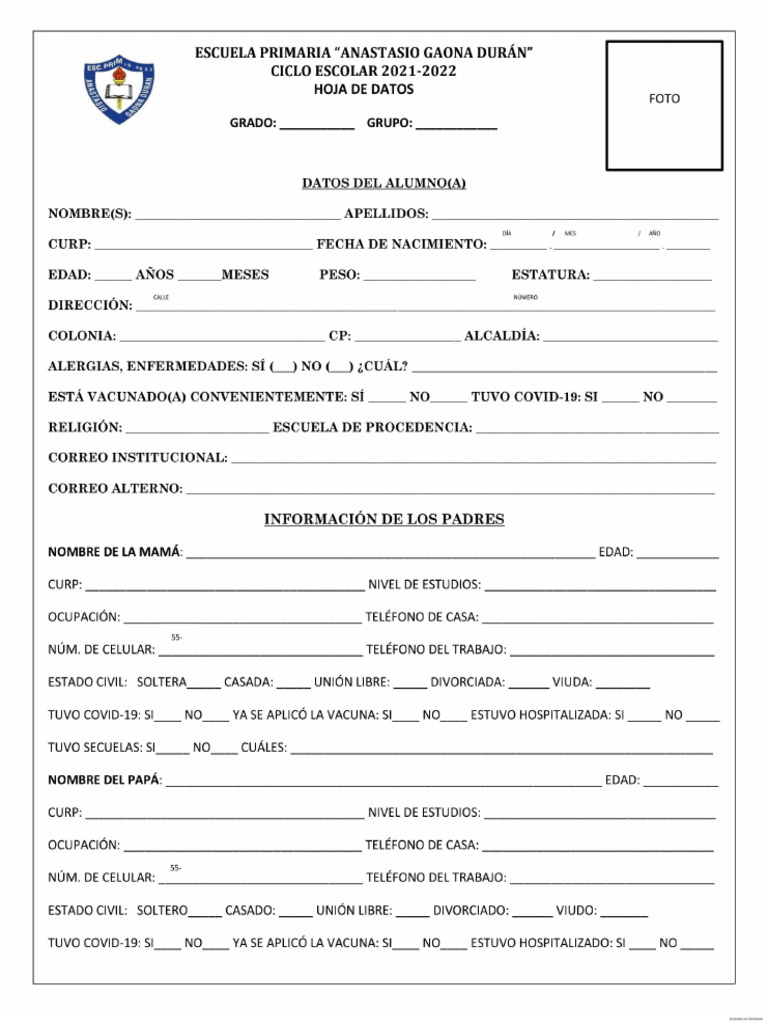 Hoja de Datos Del Alumno 2021 (2º A 6º) | PDF