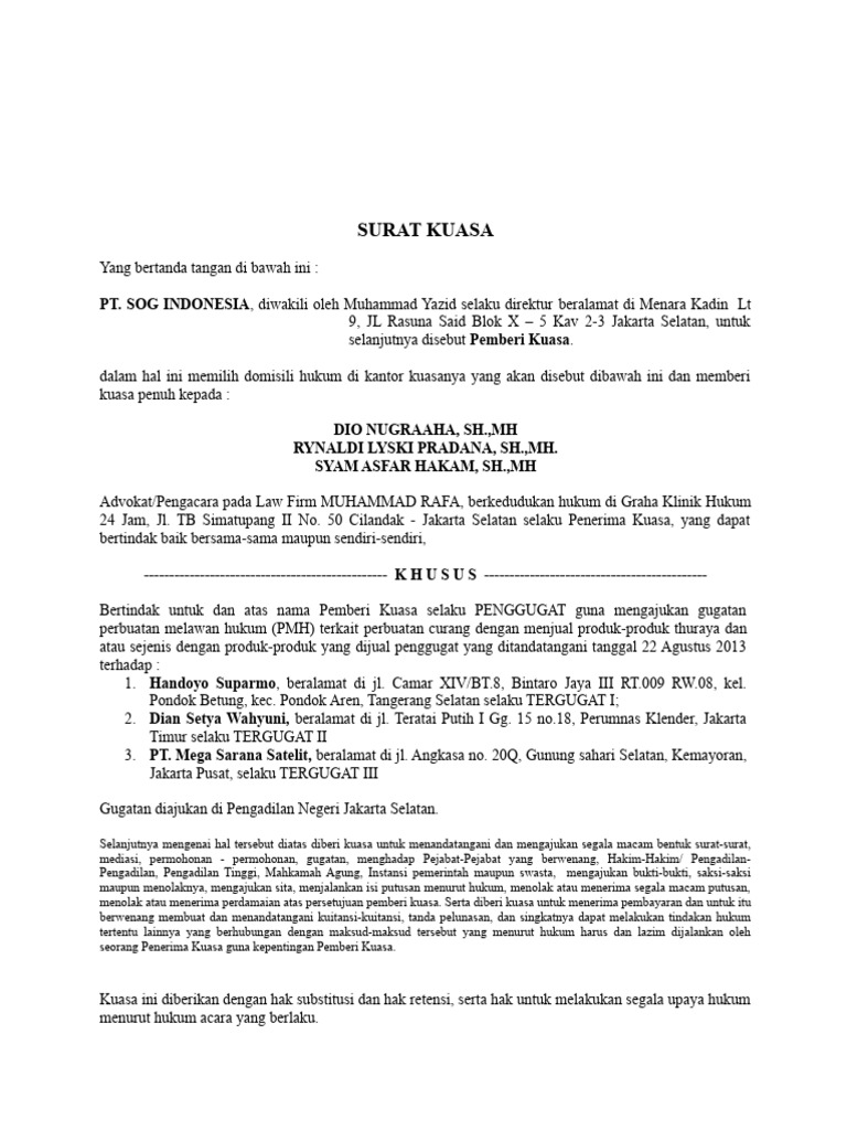 Surat Kuasa Gugatan PMH PT. SOG Indonesia | PDF