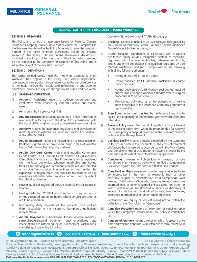 Health Infinity PW New | PDF | Hospital | Insurance