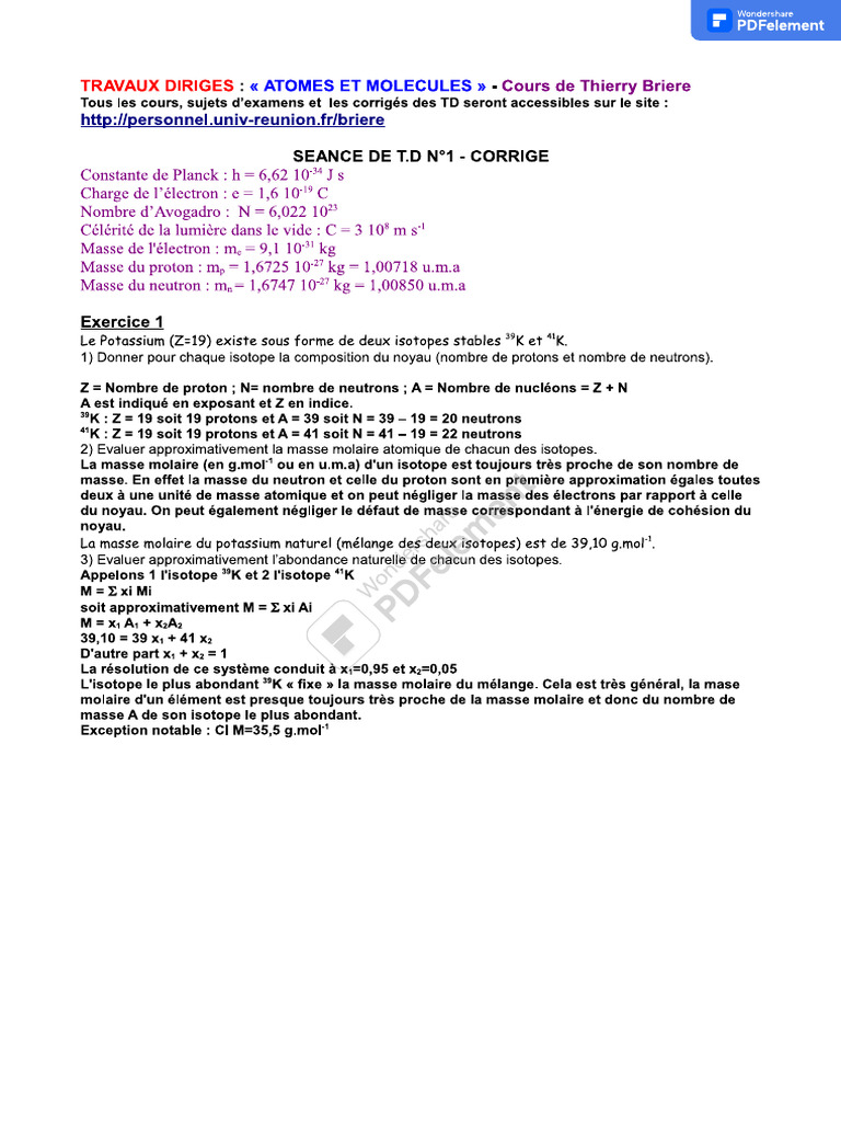 Atomistique Exercices Corriges 01 | PDF