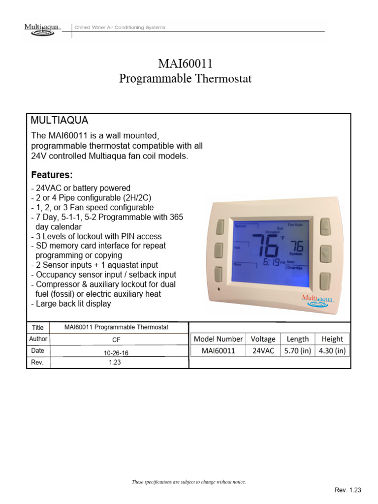 MAI60011 Multiaqua Thermostat Guide | PDF | Thermostat | Heat Pump