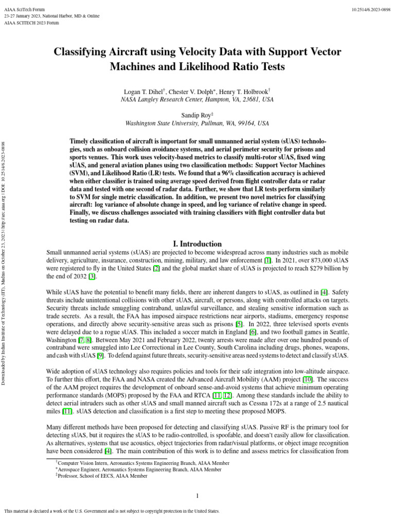 Dihel Et Al 2023 Classifying Aircraft Using Velocity Data With Support ... Dihel Et Al 2023 Classifying Aircraft Using Velocity Data With Support ...