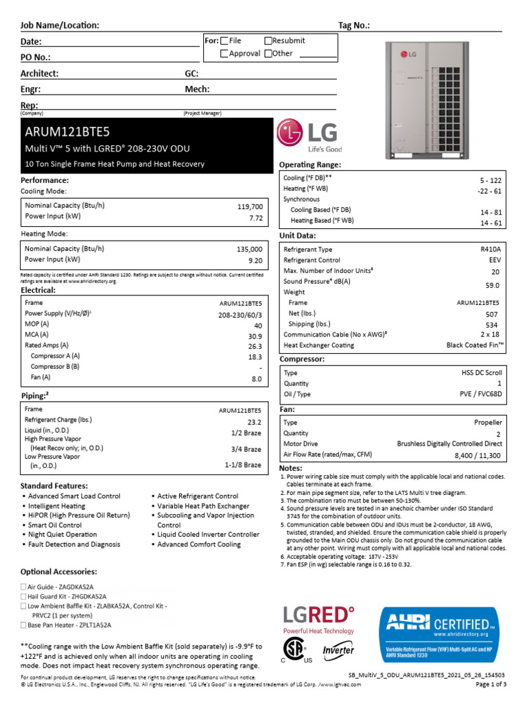 SB Multiv 5 Odu Arum121bte5 | PDF | Electrical Wiring | Heat Pump