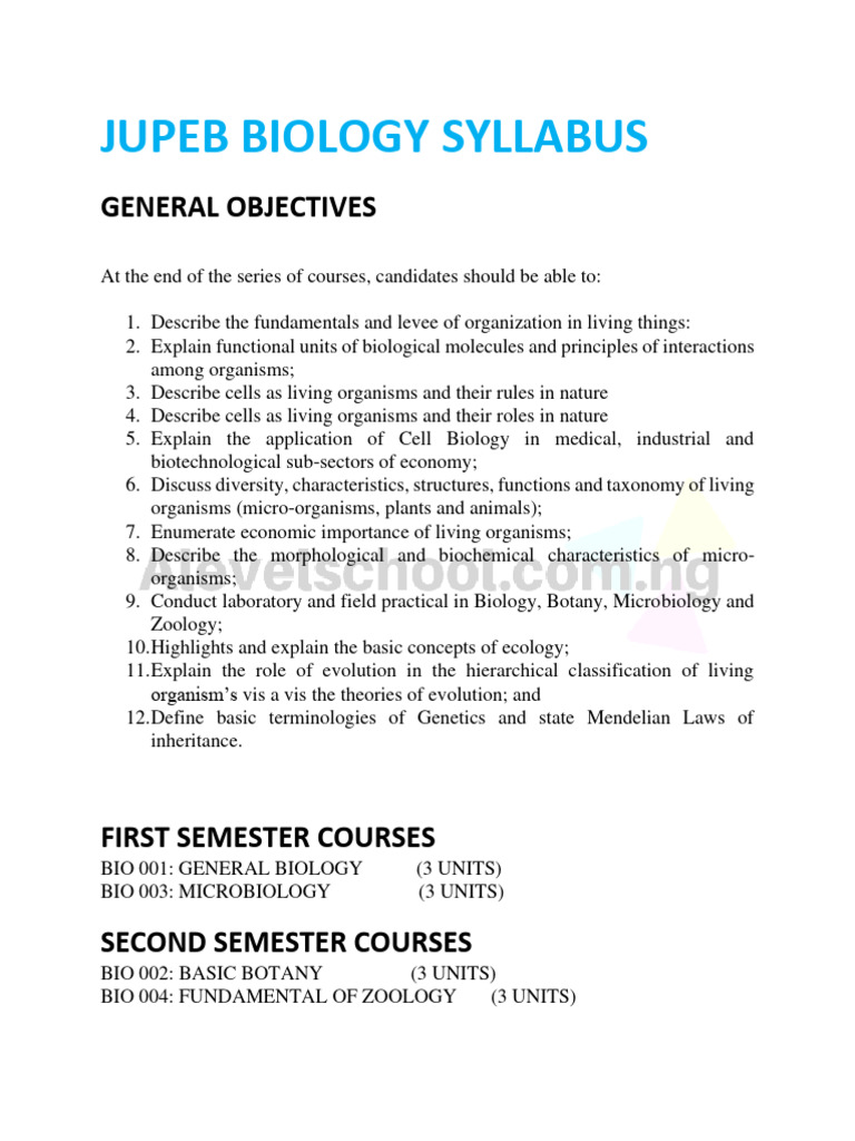 Jupeb 2019 Biology Syllabus | PDF | Bacteria | Heredity