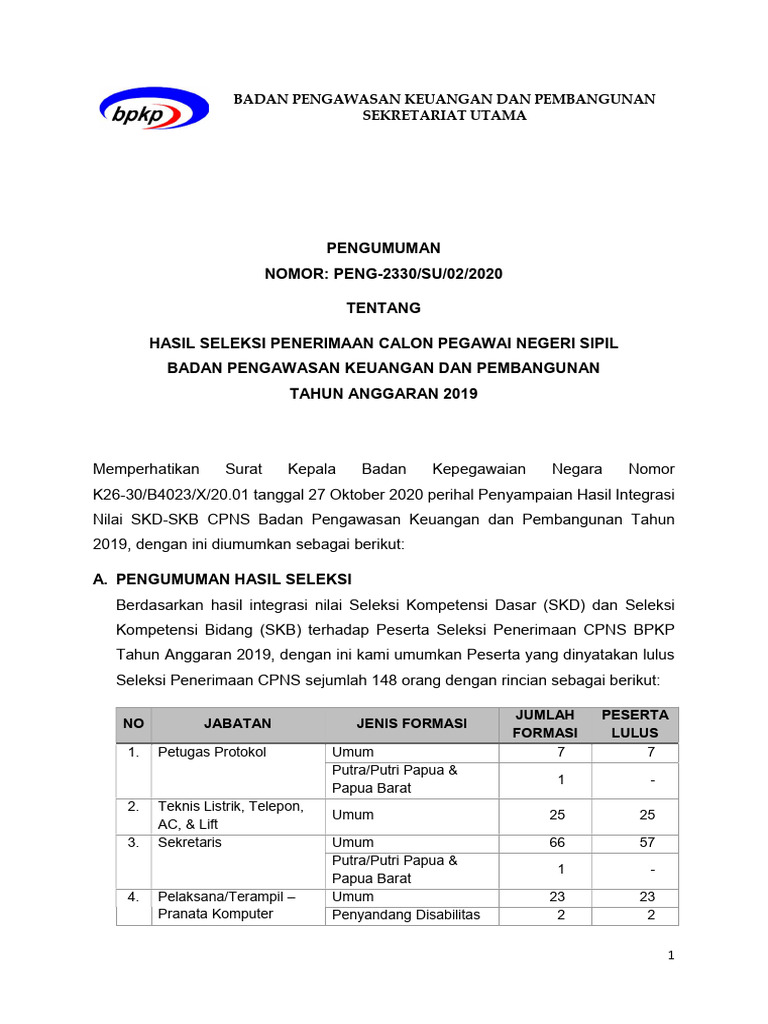 Pengumuman Hasil Seleksi CPNS BPKP 2019 | PDF