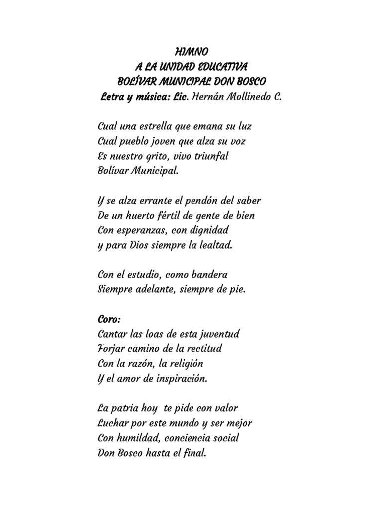 Himno A La Unidad Educativa Blivar Municipala Don Bosco Letra | PDF