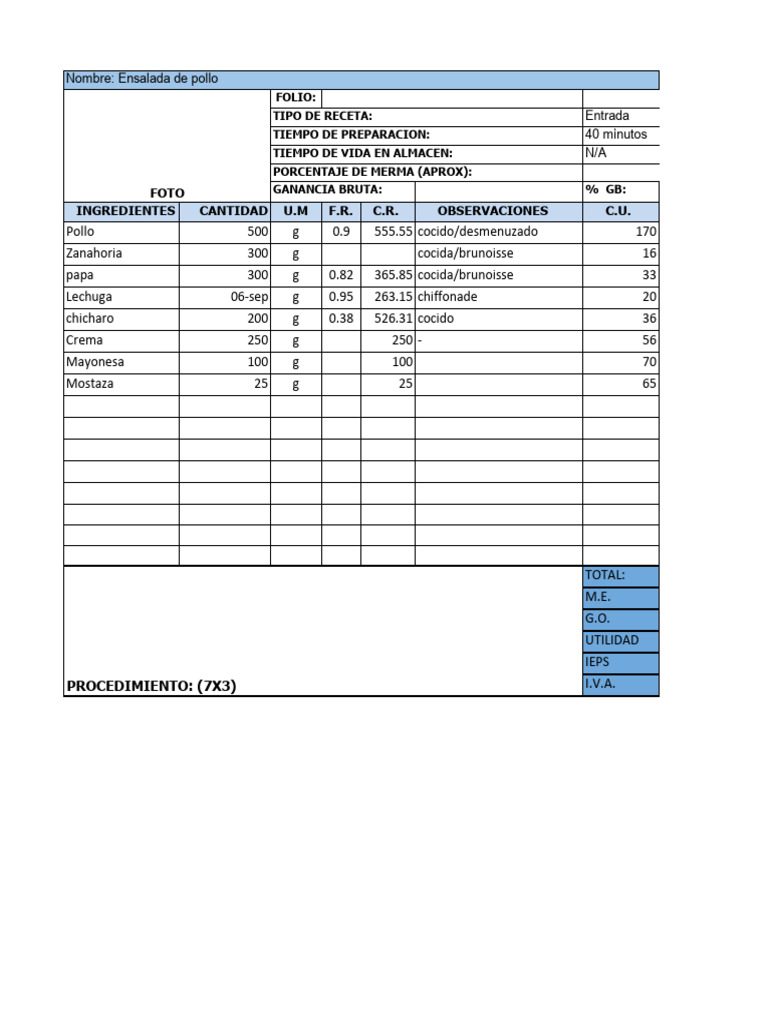 Formato de Receta Estandarizada | PDF | Cocina | Alimentos