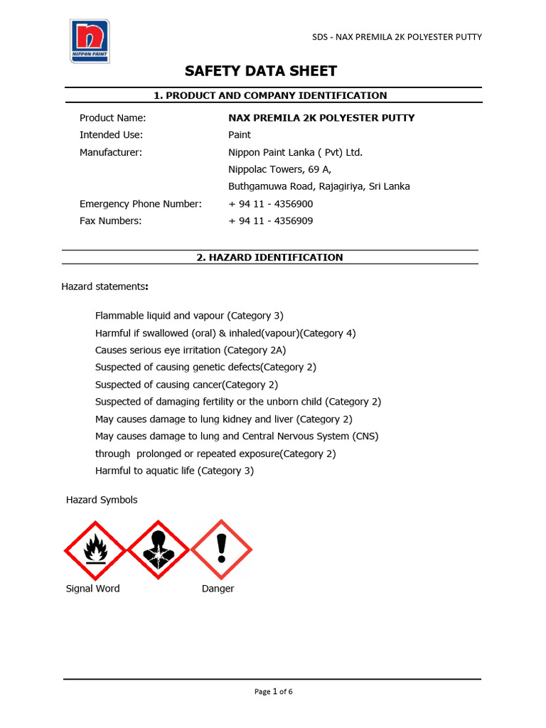 NAX Premila 2K Polyester Putty-MSDS | PDF | Water | Oxide