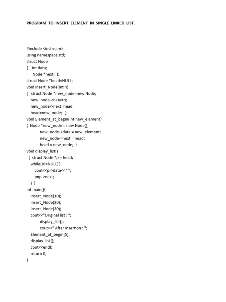Program To Insert Element in Single Linked List | PDF