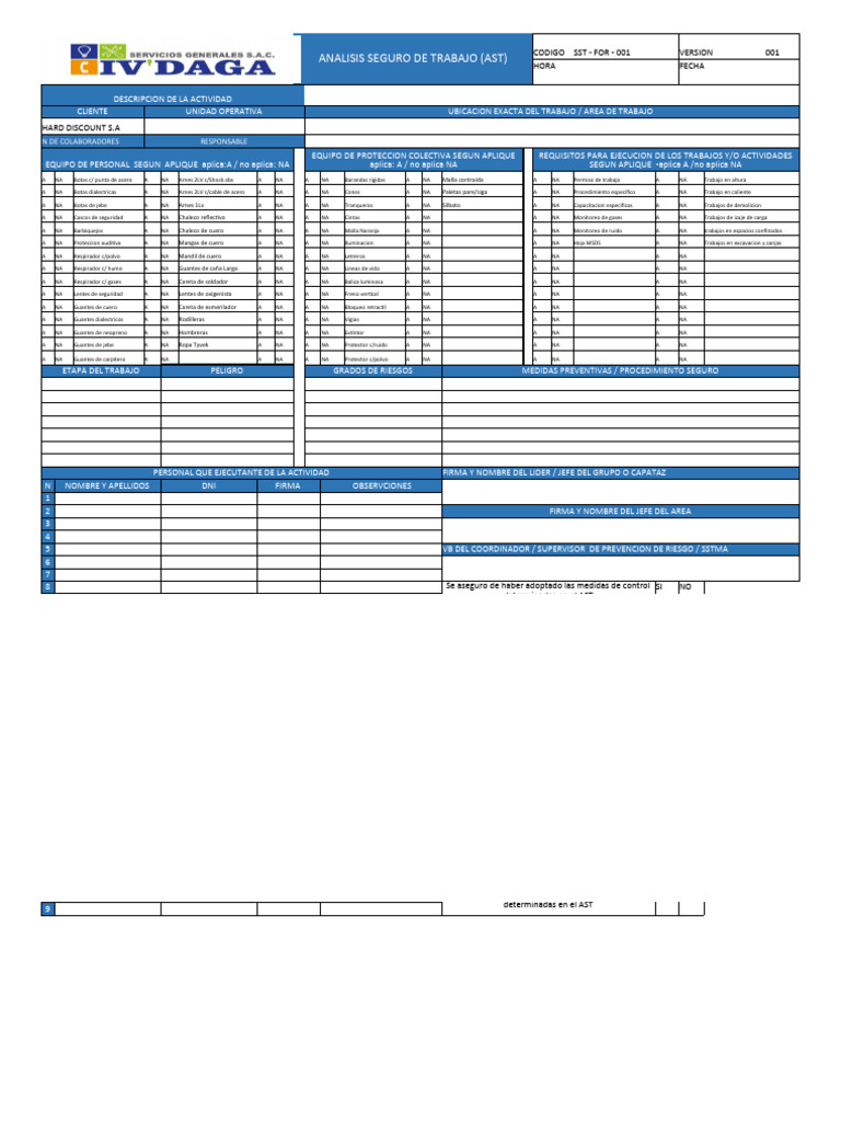 Analisis Seguro de Trabajo (Ast) : Codigo SST - For - 001 Hora Fecha | PDF | Materiales