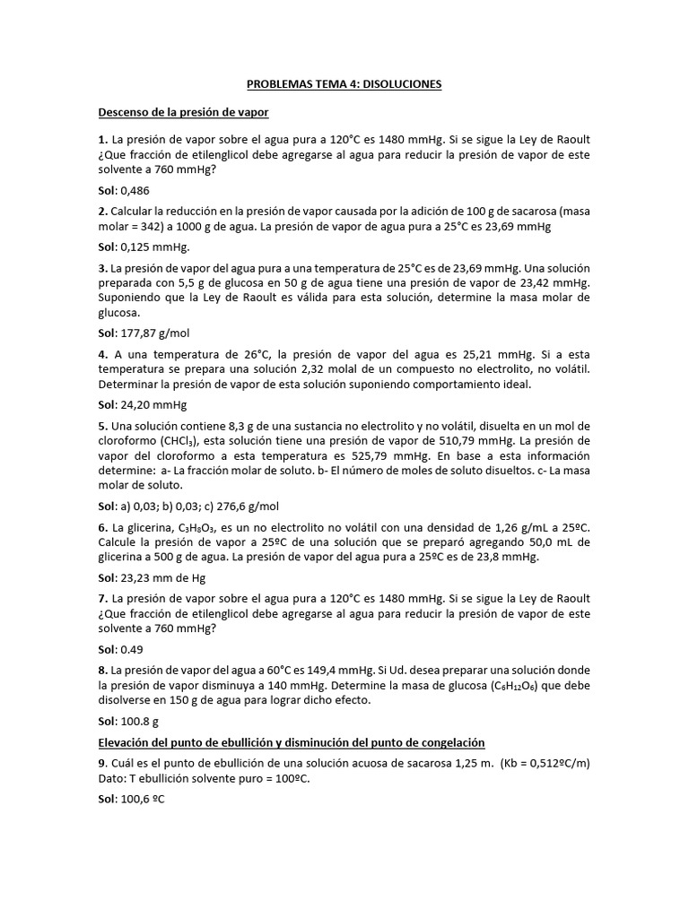 Ejercicios T4 DISOLUCIONES | PDF | Concentración | Agua