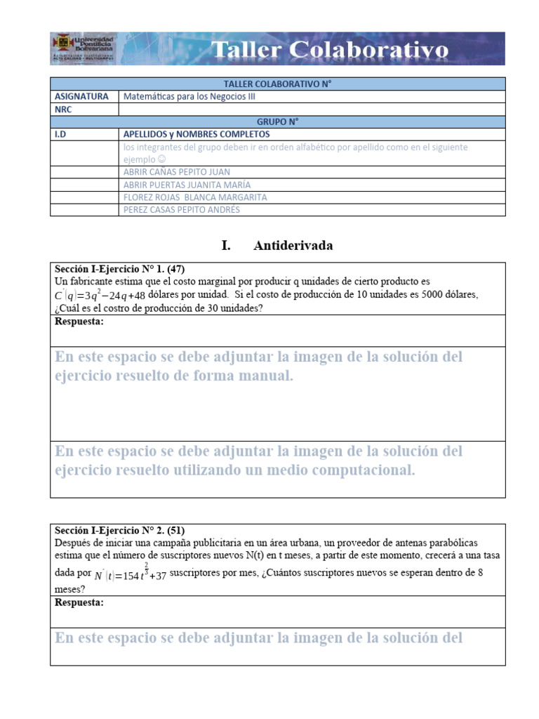 Formato Taller Colaborativo MatNegIII T1 | PDF | Ecuaciones | Función de densidad de probabilidad