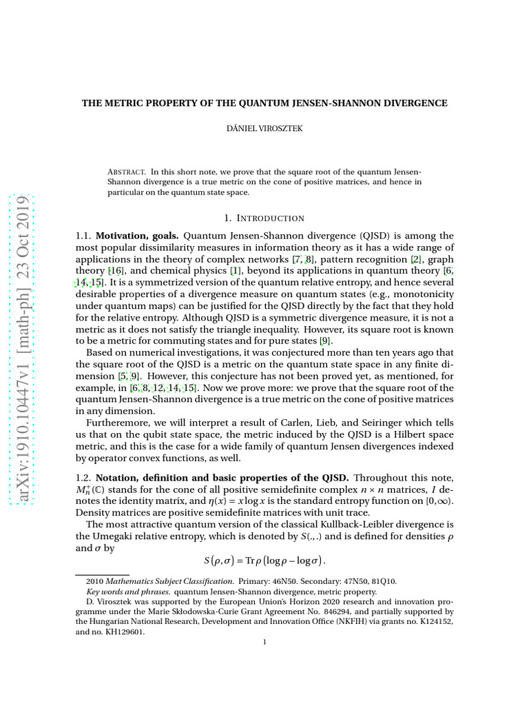 Virosztek, The Metric Property of The Quantum Jensen-Shannon Divergence ...