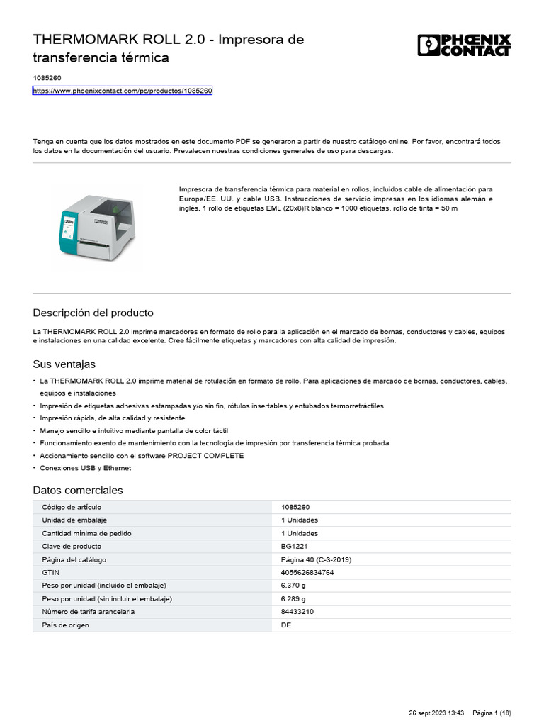 Fcha Técnica de THERMOMARK ROLL 2.0 - Impresora de Transferencia Térmic | PDF | Impresora ...