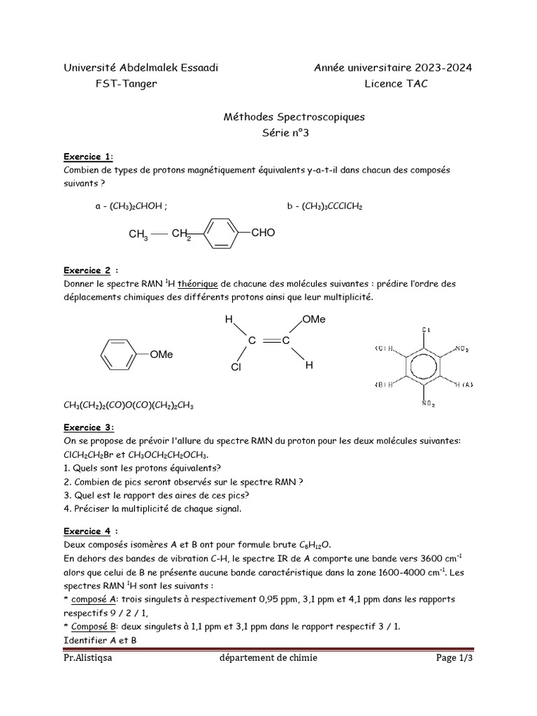 Exercices de RMN pour Licence TAC | PDF | Spectroscopie RMN | Résonance ...