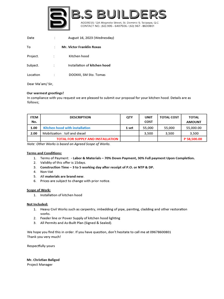 Kitchen Hood Installation Proposal | PDF