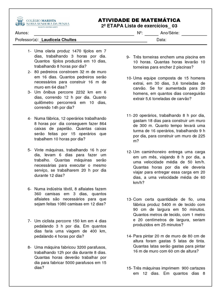 Lista de Exercícios - Regra de Três Composta | PDF