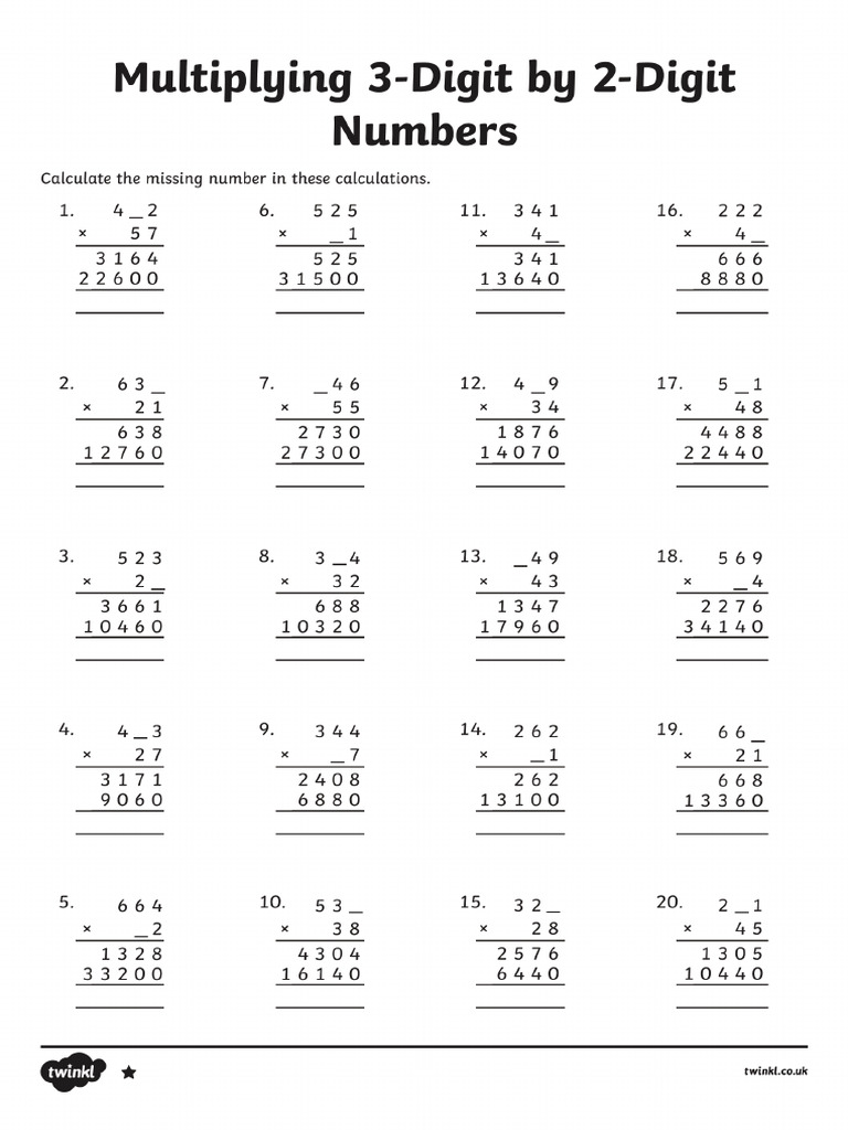 Mulitplication 3 Digit X 2 Digit Missing Numbers | PDF