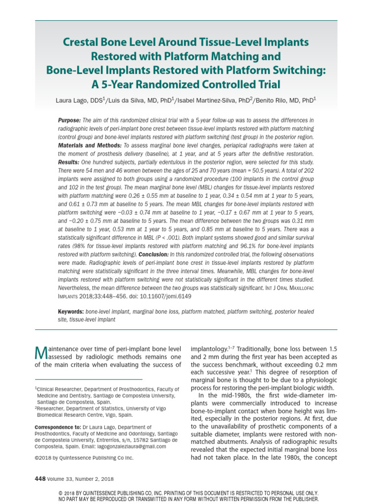 Crestal Bone Level Around Tissue-Level Implants Restored With Platform Matching and Bone-Level ...
