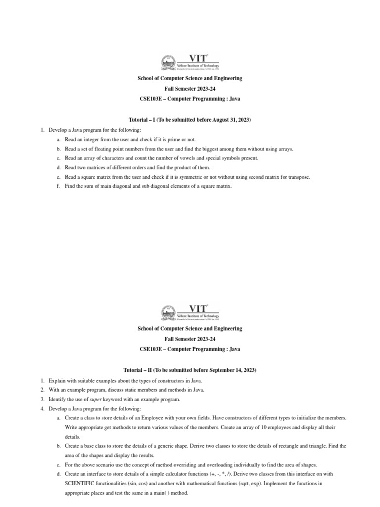 BCSE103E SlowLearners Tutorial Fall2023-24 | PDF | Method (Computer Programming) | Matrix ...