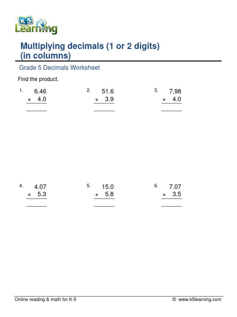 Grade 5 Multiplying Decimals Columns A | PDF
