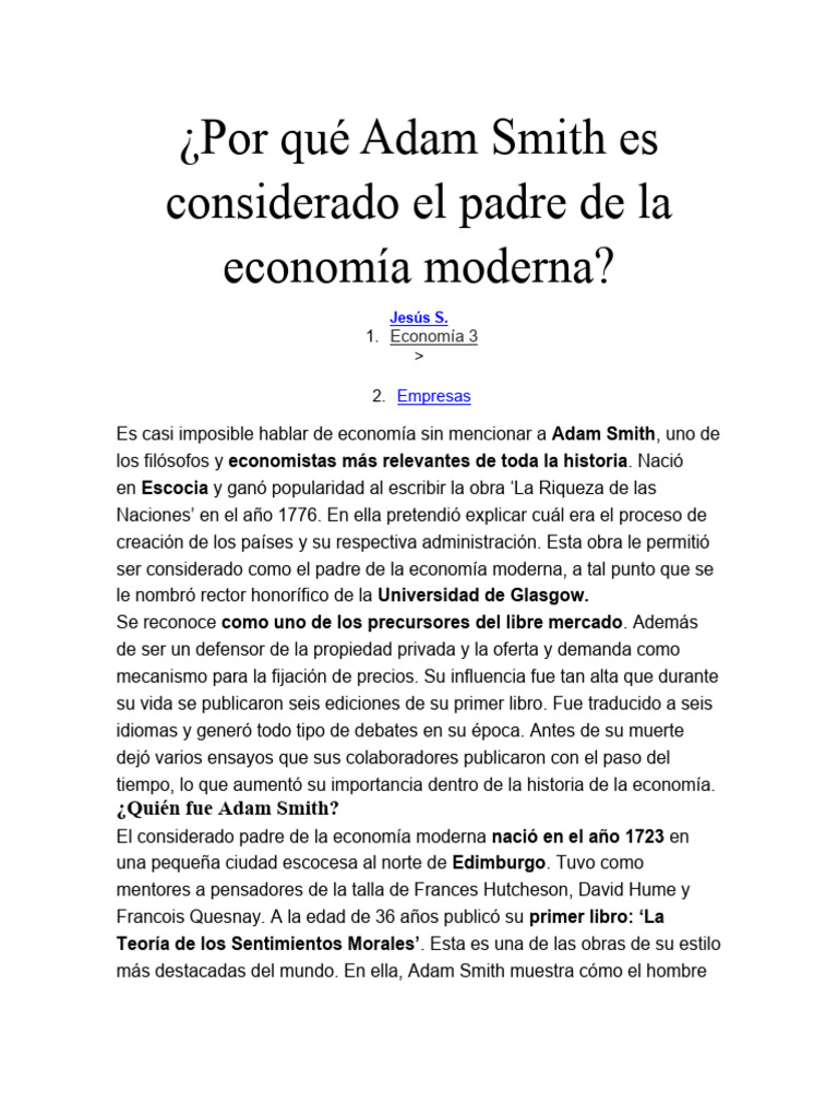 Por Qué Adam Smith Es Considerado El Padre de La Economía Moderna | PDF ...