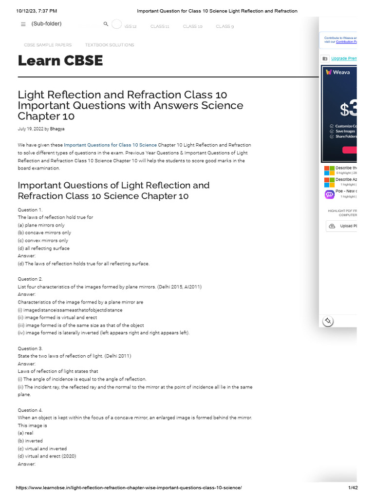 Important Question For Class 10 Science Light Reflection and Refraction ...