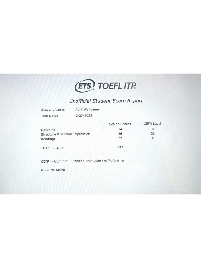 Contoh Sertifikat TOEFL ITP UNOFFICIAL | PDF