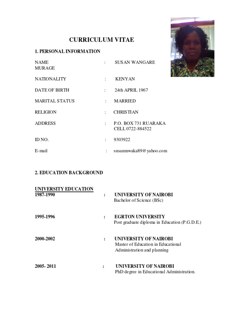 DR - Susan Murage CV | PDF | Teachers | Academic Degree