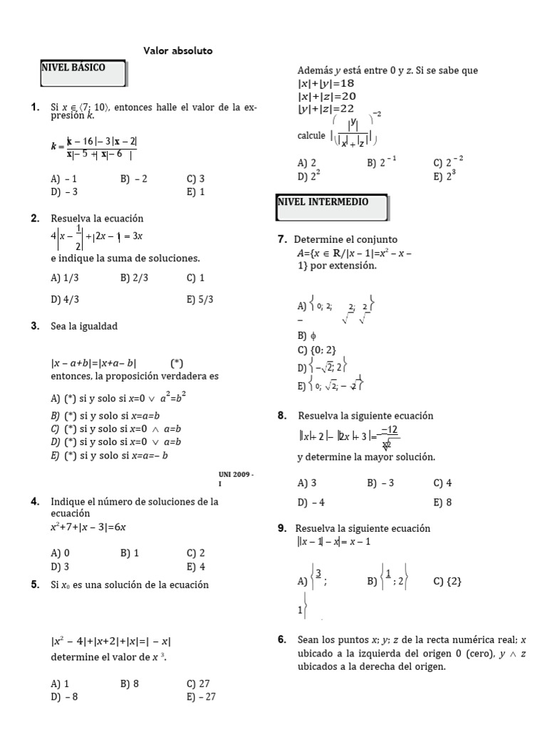 Valor Absoluto I | PDF | Matemáticas | Objetos matemáticos