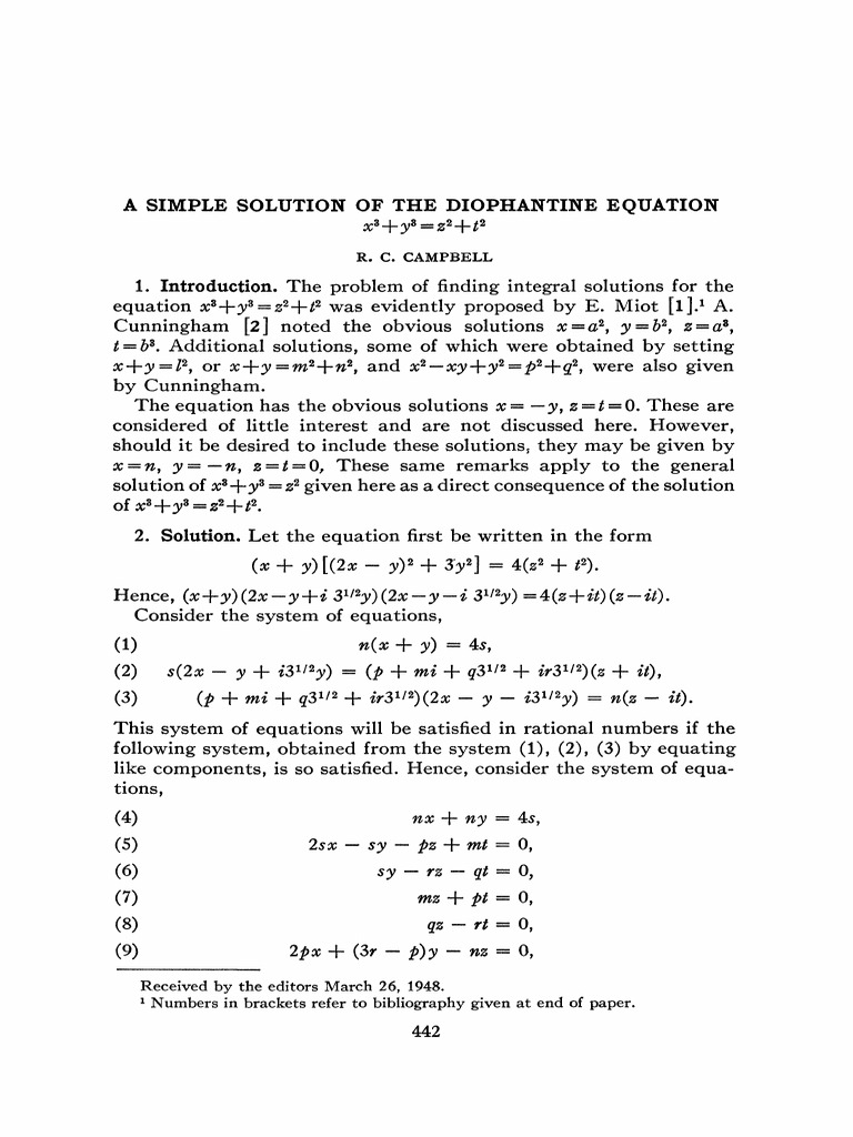A Simple Solution of The Diophantine Equation X 3+y 3 Z 2+t 2 | PDF | Mathematical Objects ...