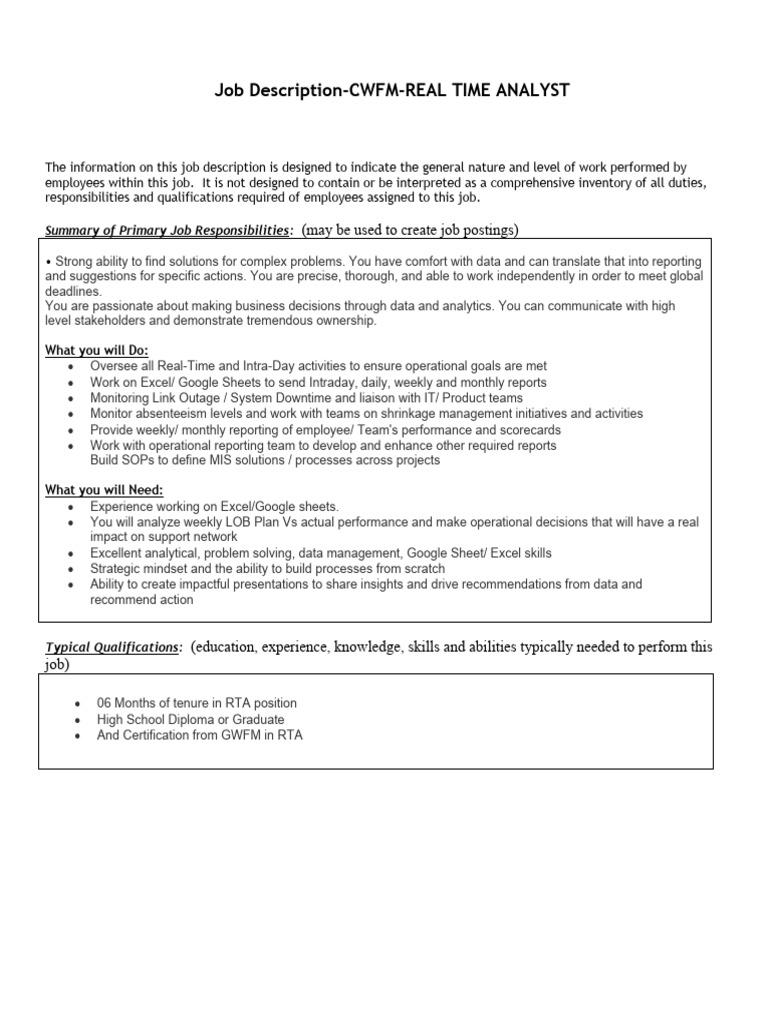 Job Description-CWFM-REAL TIME ANALYST: (May Be Used To Create Job ...