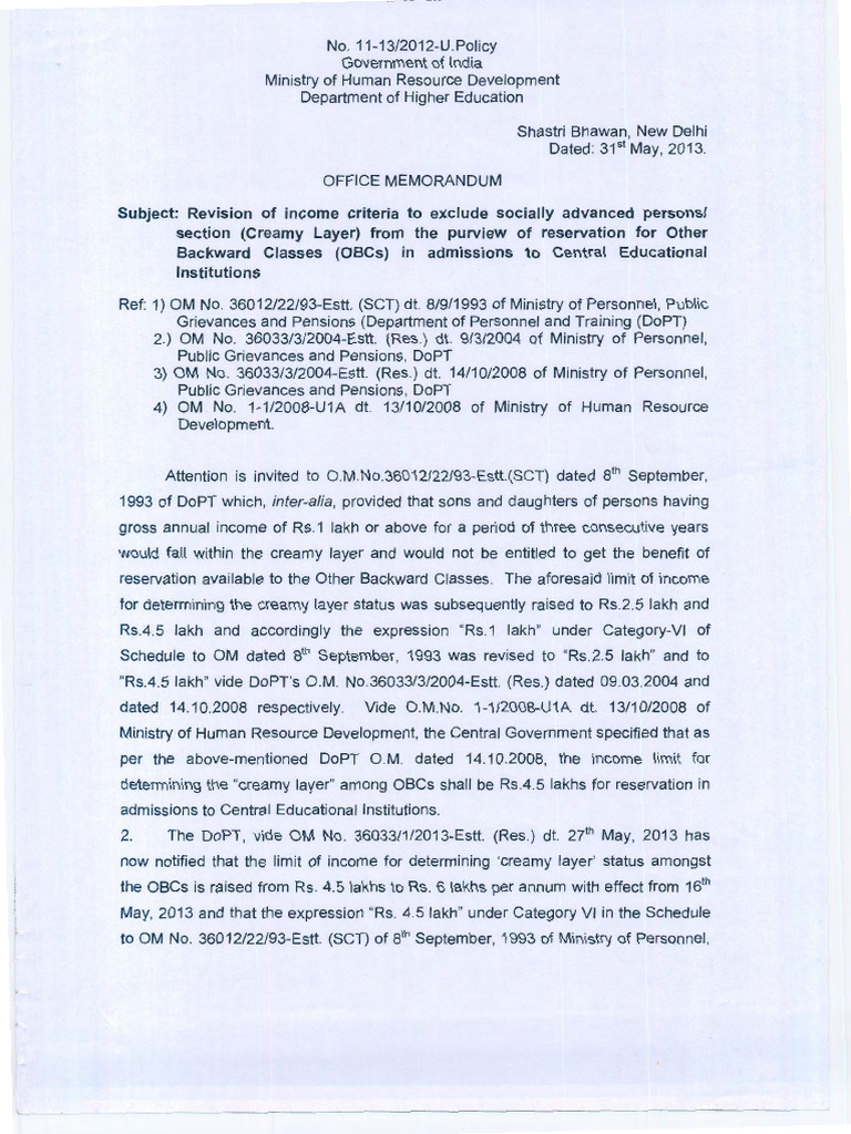 CreamyLayerOBC 31052013 | PDF | Social Inequality | Discrimination & Race Relations