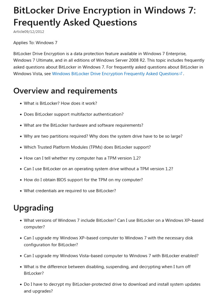 BitLocker Drive Encryption in Windows 7 Frequently Asked Questions Microsoft Learn | PDF ...