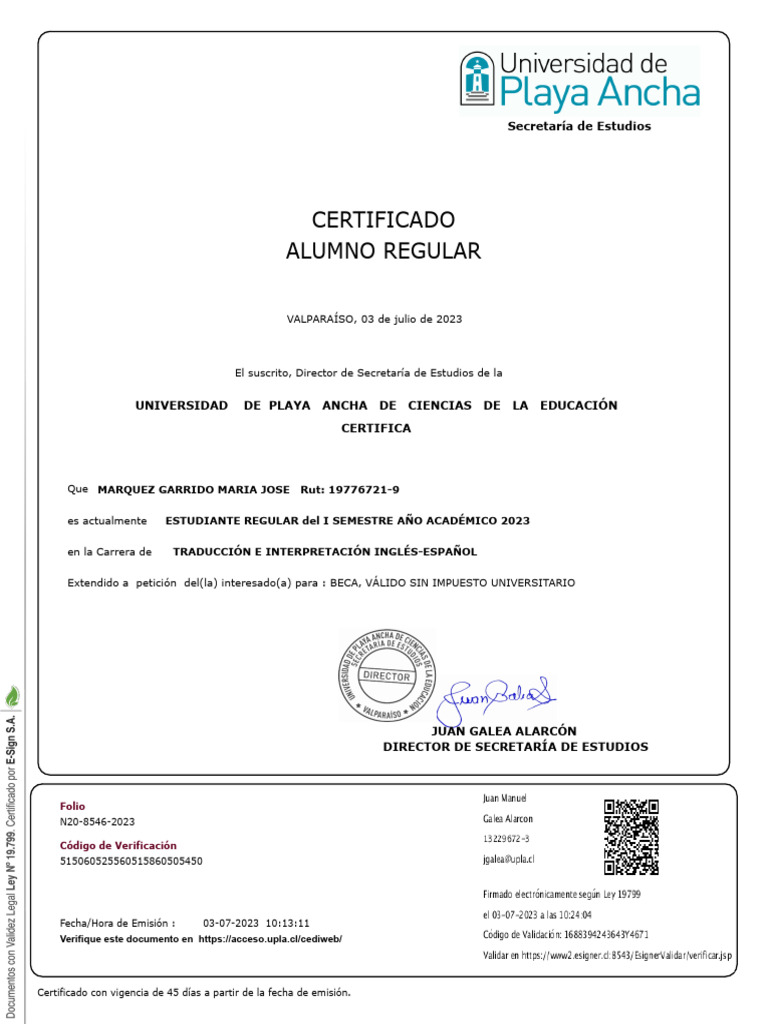 Certificado Alumno Regular: Secretaría de Estudios | PDF