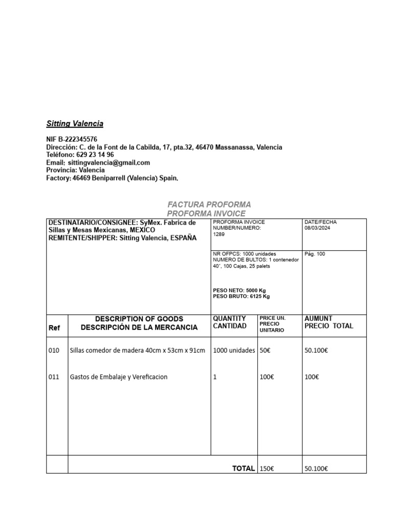 Factura Proforma, Invoice Packing List | PDF | Negocios Internacionales ...