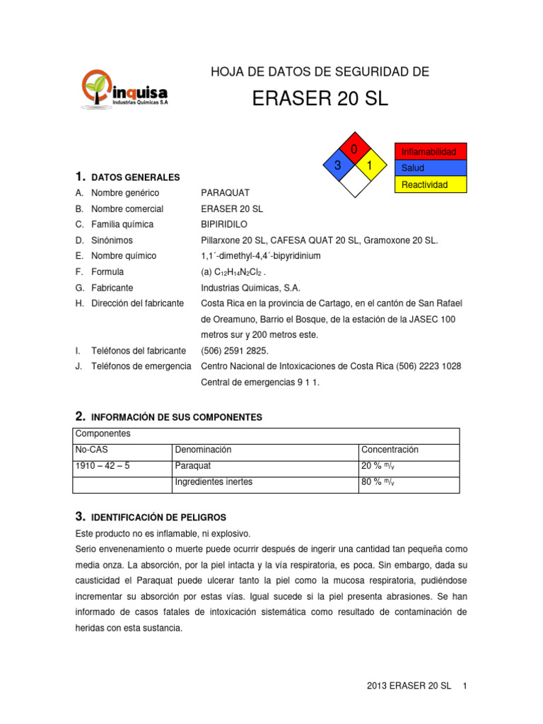 Herbicida Eraser Hoja de Seguridad | Descargar gratis PDF | Agua ...