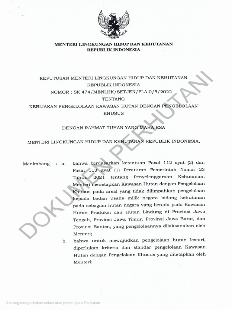 Sk.474 - 2022 Menlhk TTG Kebijakan Pengelolaan KHDPK - Docpht | PDF