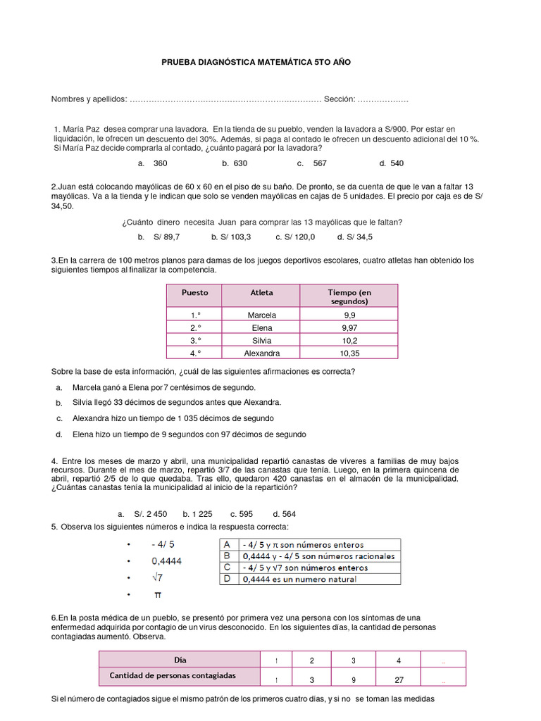 Prueba 5° matemática-DIAGNOSTICO - 19-03 | PDF | Kilogramo