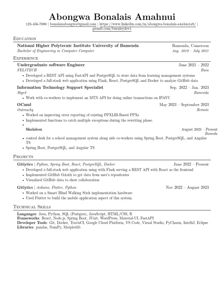Abongwa S Resume | PDF | Postgre Sql | Spring Framework